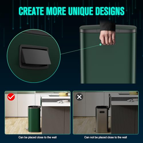 13 Gallon Stainless Steel Foot Pedal Large Trash Can with Soft Close Quiet Curved Surface Top Lid and Deodorant Storage Space, with 30 Garbage Bags for Kitchen/Home/Office Trash can and More - Green