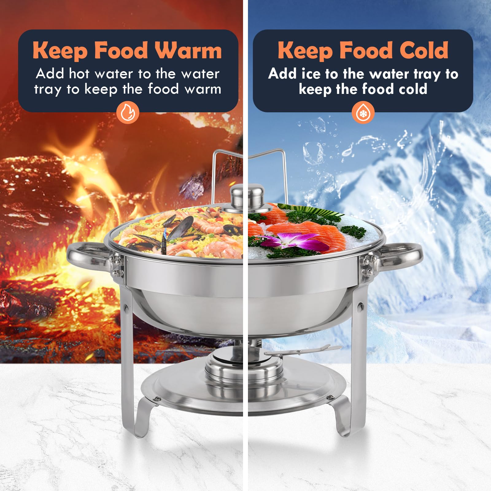 5QT Chafing Dish Buffet Set 4 Packs, Stainless Steel Round Chafers with Glass Viewing Lid & Lid Holder, Buffet Servers and Warmers Set for Dinner, Parties, Wedding, Camping