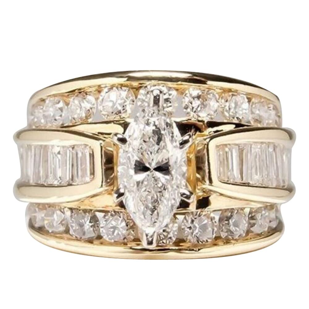 18K Yellow Gold Plated Luxury Marquise Cut Cubic Zirconia CZ Shiny Full Diamond Multi Row Eternity Engagement Wedding Band Promise Ring for Women ST.196 (10)