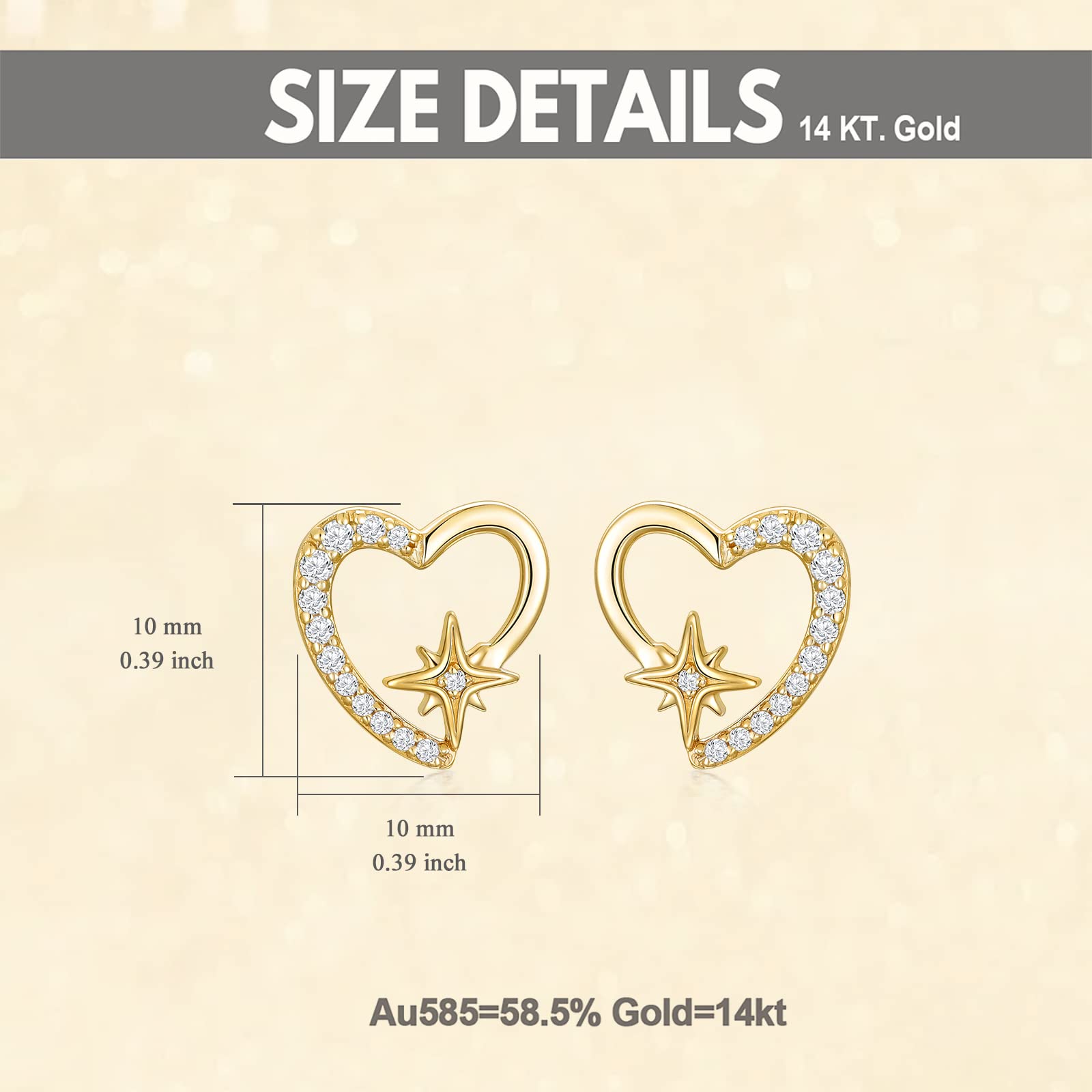 14k Solid Gold Star Heart Earrings for Women Cubic Zirconia Stud Earrings ,Gifts for Valentine's/Anniversary/Mother's Day