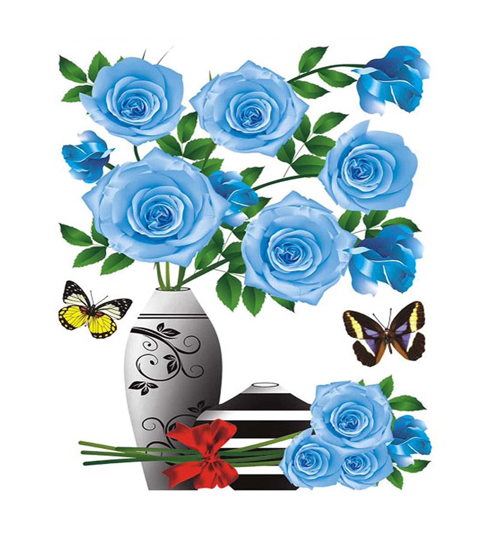 ZIANBELL Magic DIY 3D Removable Wall Stickers Flowers and Vase Theme Art Wall Decals Stereo Superposition Flower Stickers for Living Room Bedroom Bathroom Children's Room, Pale Blue Rose