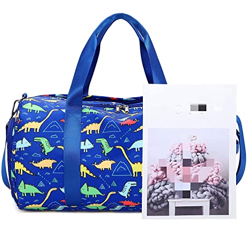 CAMTOP Kids Duffel Overnight Bag Boys Girls Weekender Carry-On Personalized Tote for Travel Gym Sport (Dinosaur-Dark Blue)