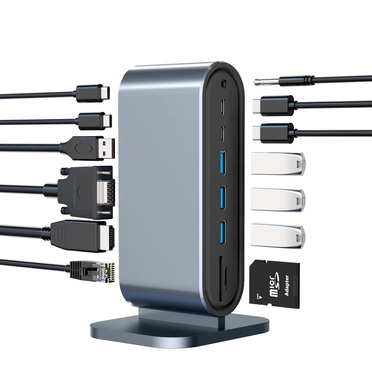 13 in 1 USB-C Hub Docking Station Adapter with 1 * USB 3.0/3 * USB 2.0/100W Type-C PD/3 * Type-C/4K HD Display Video Outputs/RJ45 Internet Port/3.5mm Audio Jack/VGA/SD TF Memory Card Readers