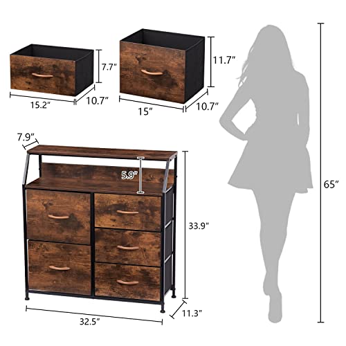 AIIT Kinlife Drawer Dresser Storage Tower, 5-Drawer Organizer Unit with MDF Board Tabletop, Organizer Tall Fabric Storage Tower for Bedroom Kitchen Living Room Study Entryway