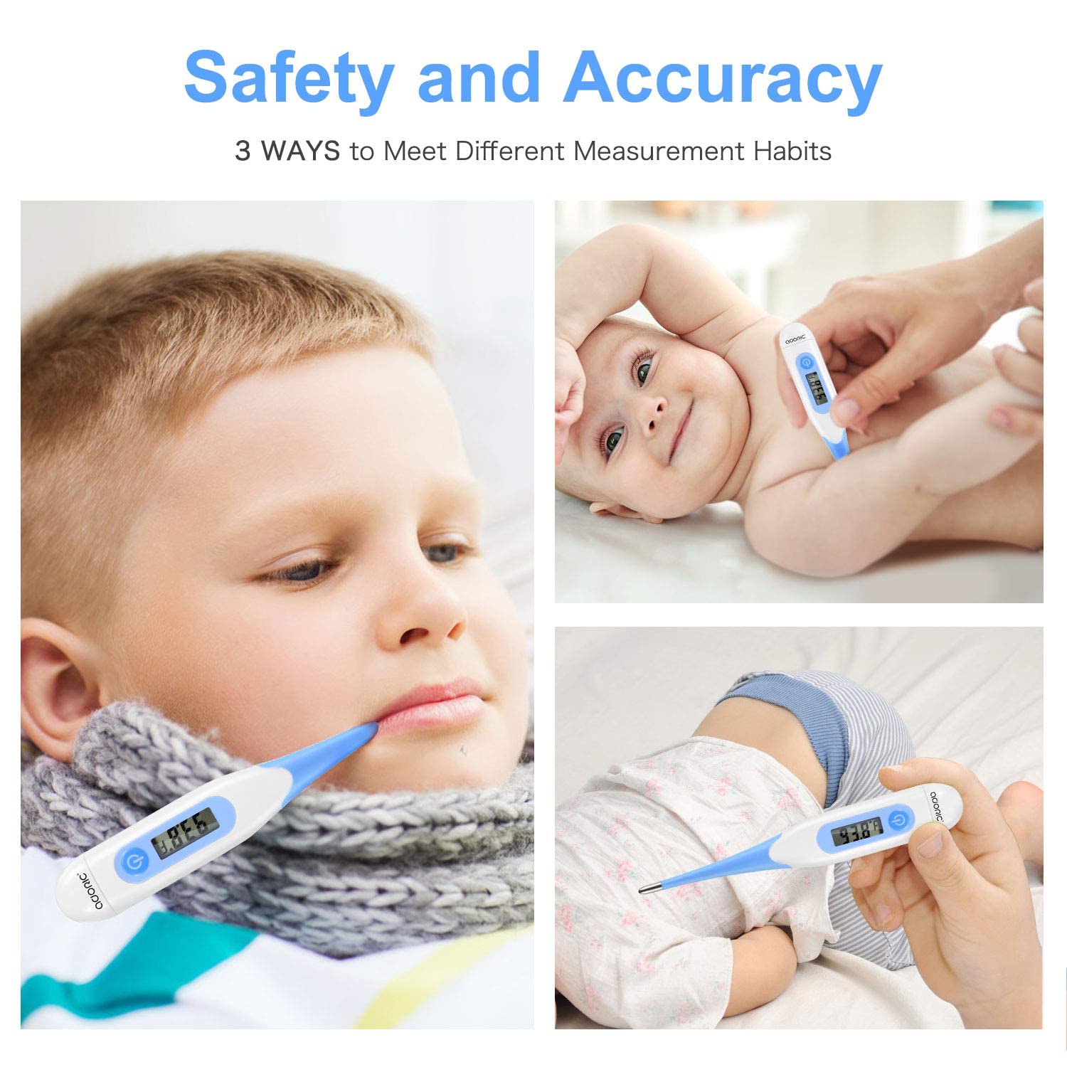 ADORIC Digital Waterproof Medical Thermometer with Fever Warning, Bright Blue