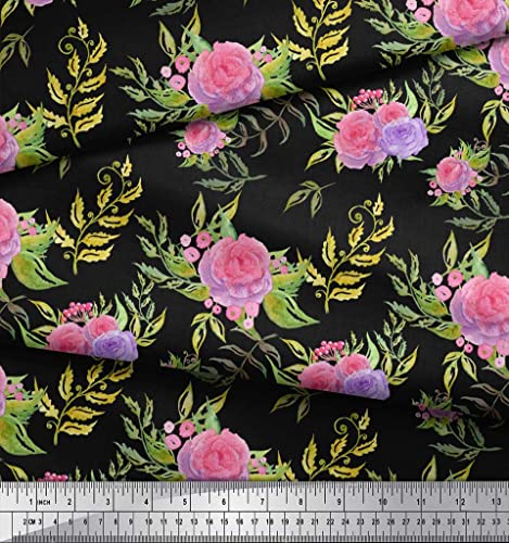 Soimoi Black Cotton Canvas Fabric Leaves & Rose Floral Print Fabric by The Yard 44 Inch Wide