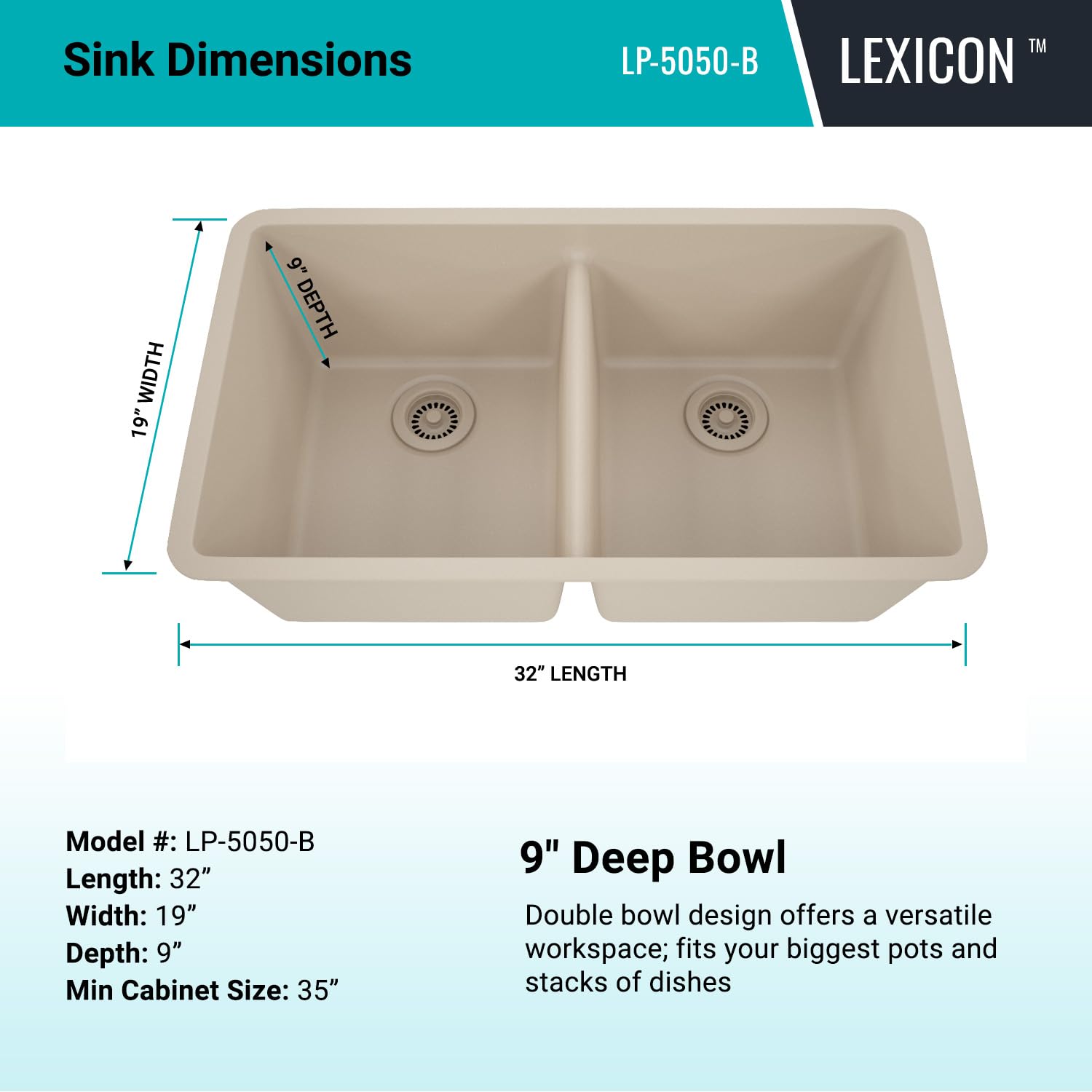 32" x 19" Quartz Kitchen Sink, 50/50 Double Bowl Kitchen Sinks, Drop-in Sink, Undermount Sink, Galaxy Beige Kitchen Sink, Double Sink Kitchen, Grids, Strainer and Flange, Lexicon Platinum LP-5050-B