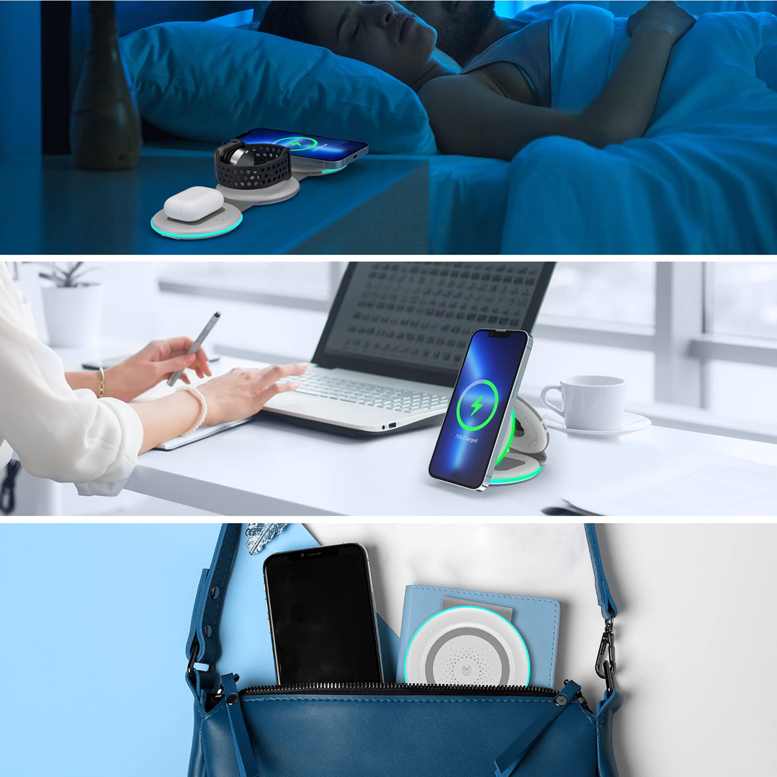 3 in 1 Wireless Charging Station for Travel, Foldable Magnetic Wireless Charging Pad for Multilple Devices, Compatible with iPhone 14 Pro/13/SE/12/11 Series, iWatch, AirPods Pro