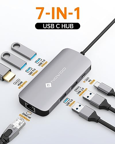 NOVOO USB C Hub Multiport Adapter to 4K HDMI, 1Gbps Ethernet, 100W PD Charging, USB C to USB x 4, 7 in 1 USB C Adapter for M1/M2 MacBook Pro/Air Dell HP Lenovo ASUS Surface
