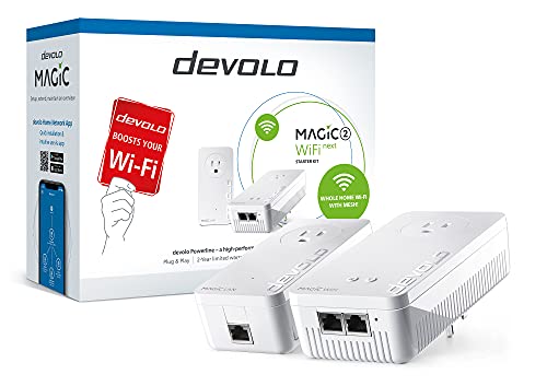 devolo Magic 2 WiFi next Powerline Starter Kit | Mesh Wi-Fi AC | 2000 Mbps | G.hn Wave 2 | Multi-User MIMO | 2 Passthrough Adapters | 3x Gb LAN Ports [2+1] | Plug & Play | Best for smart devices