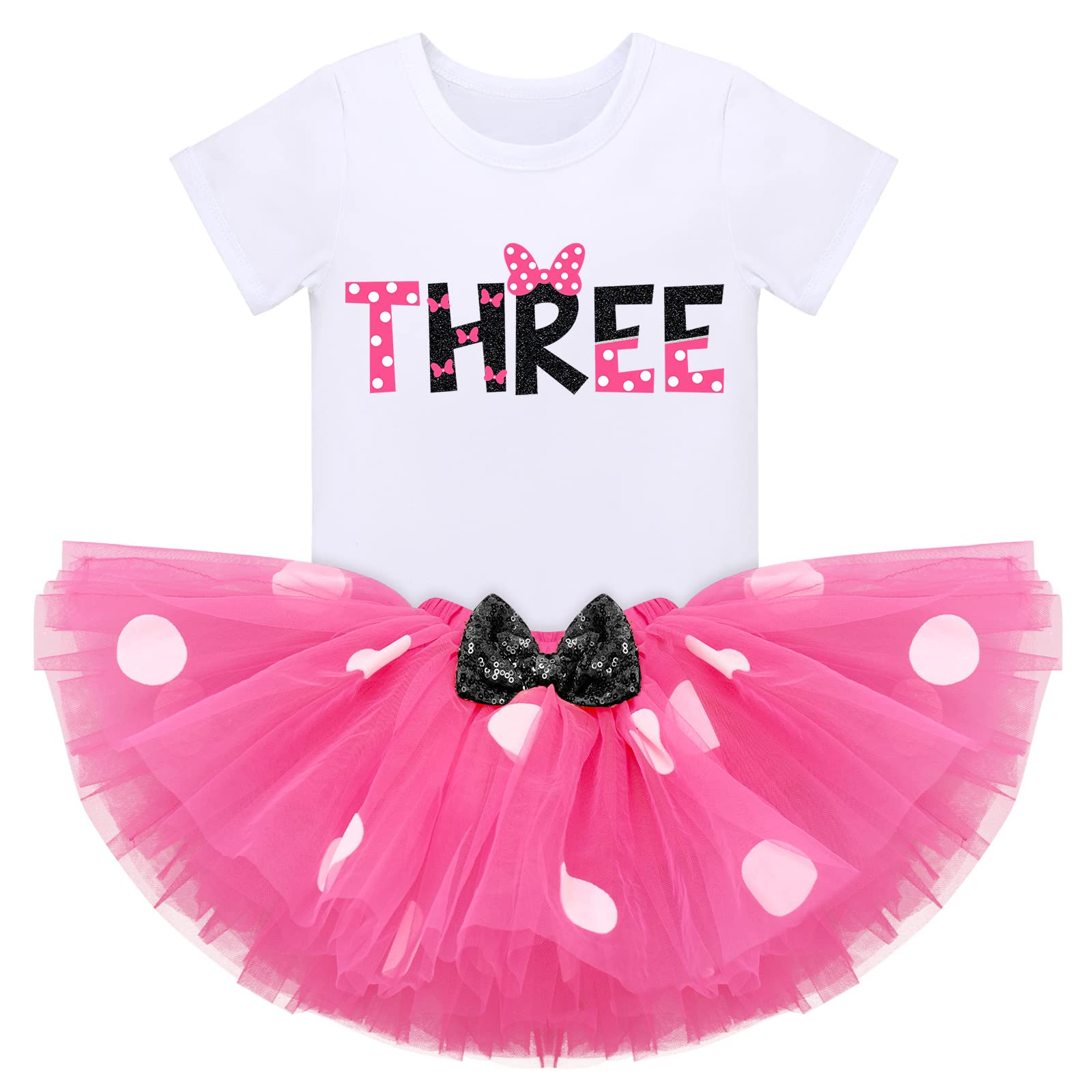 Mouse 3rd Birthday Outfit Baby Girl Short Sleeve T-Shirt Top Polka Dots Mini Tutu Skirt Headband 3 Years Old Cake Smash Photo Props I'm Three Toddler Third Birthday Party Supply Hot Pink + Black 3T