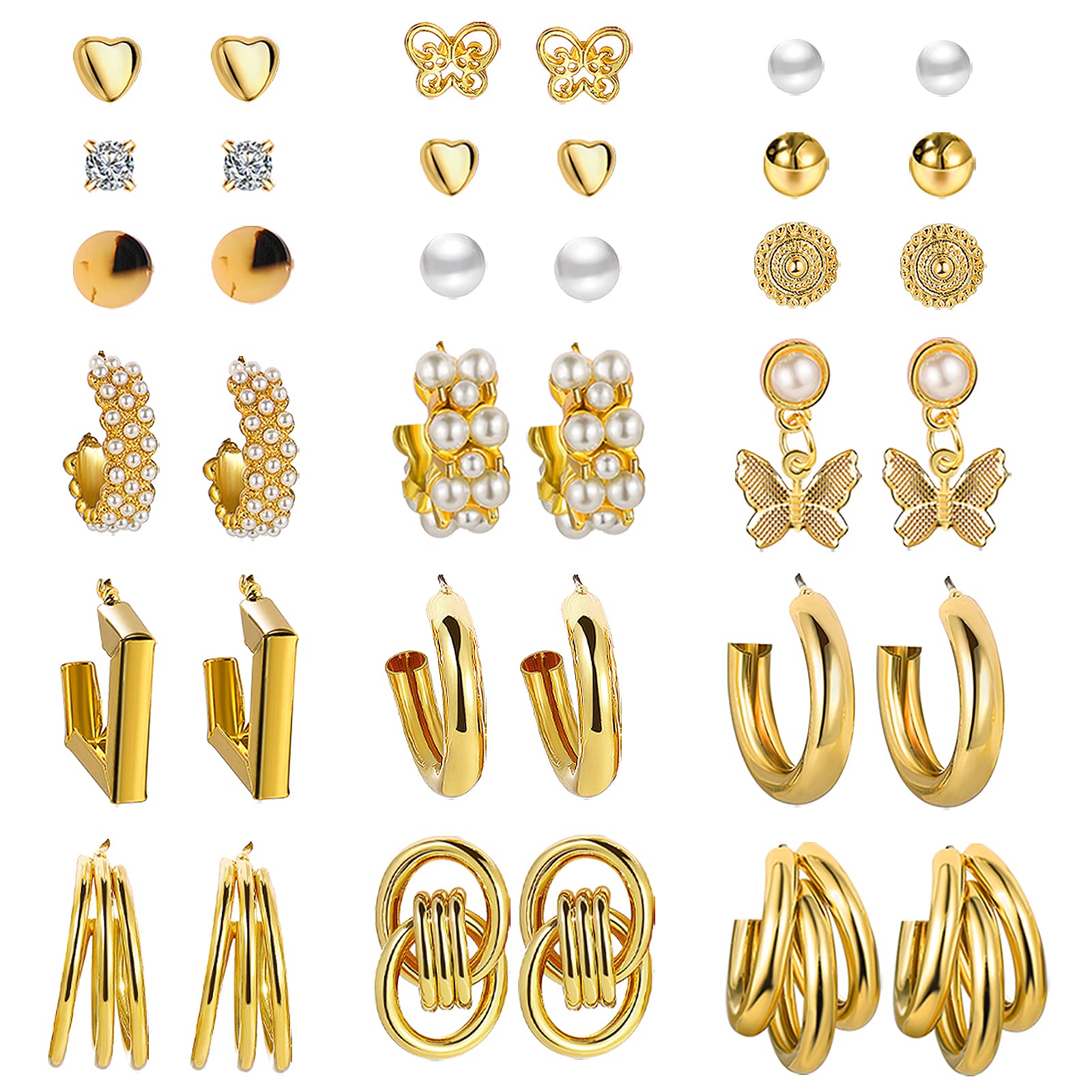 18 Pairs Gold Hoop Earrings Set for Women Multipack, Boho Fashion Statement Stud Pack with Pearl Butterfly Shaped Assorted Small Big Jewelry for Gift