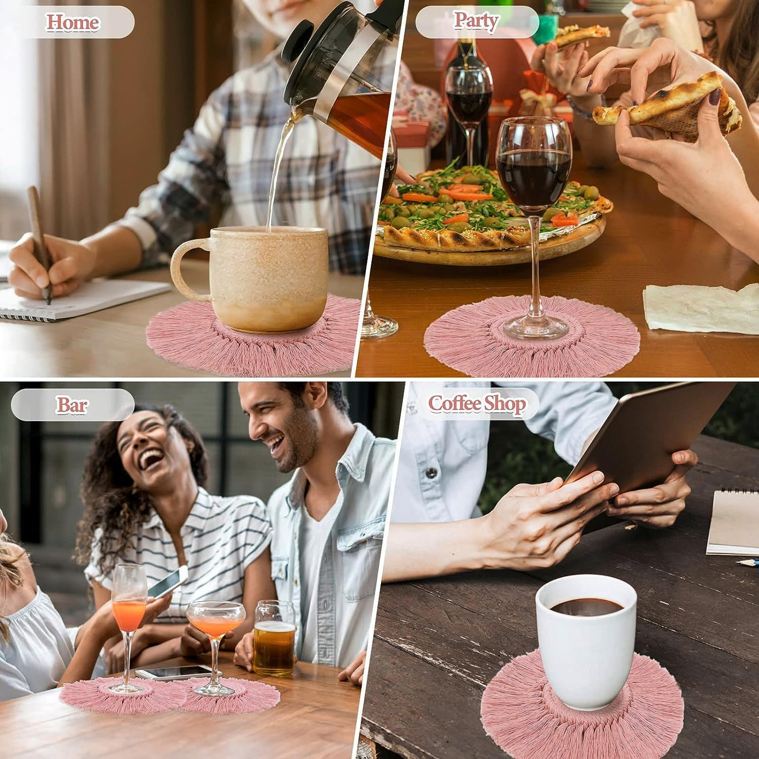 2 Pack Cotton Coasters for Drinks, Round Woven Absorbent Coasters with Tassels, Boho Decor Macrame Coasters Heat Protection Mat for Home, Office and Bar, Housewarming Gift-7in (Pink)