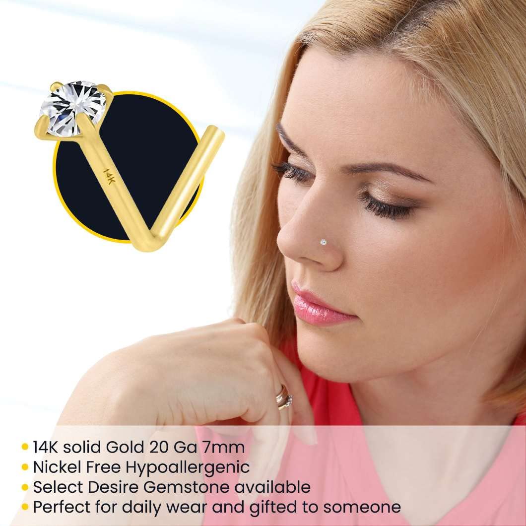 14K Solid Yellow Gold, L Shape Diamond Nose Stud, Micro Nose, Screw Nose Stud, Body Jewelry Yellow Gold (3.50 ml Natural Diamond)