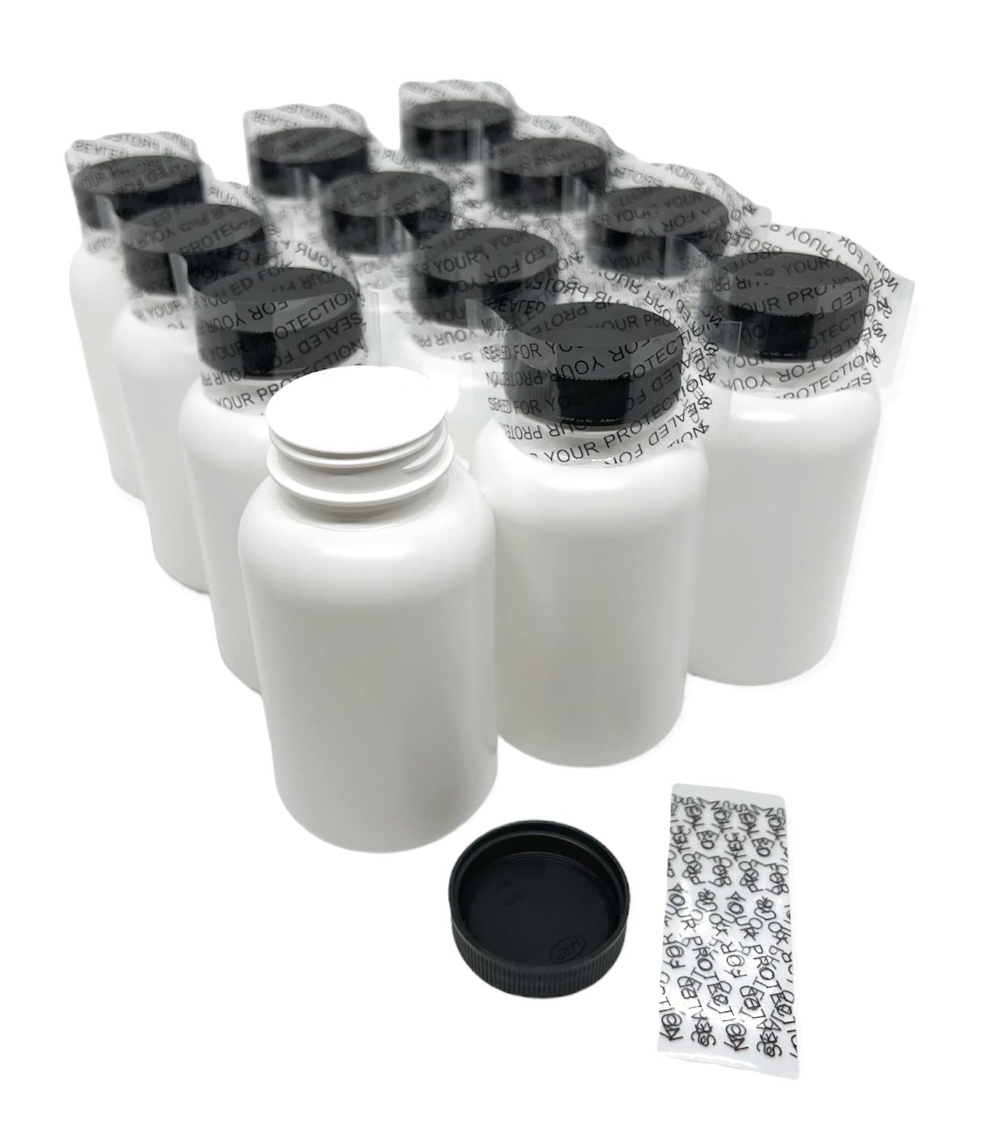 200ml HDPE Pill Packer Bottles - 12 Count with Caps and Tamper Evident Shrink Bands (WHTJARBLKCAP)