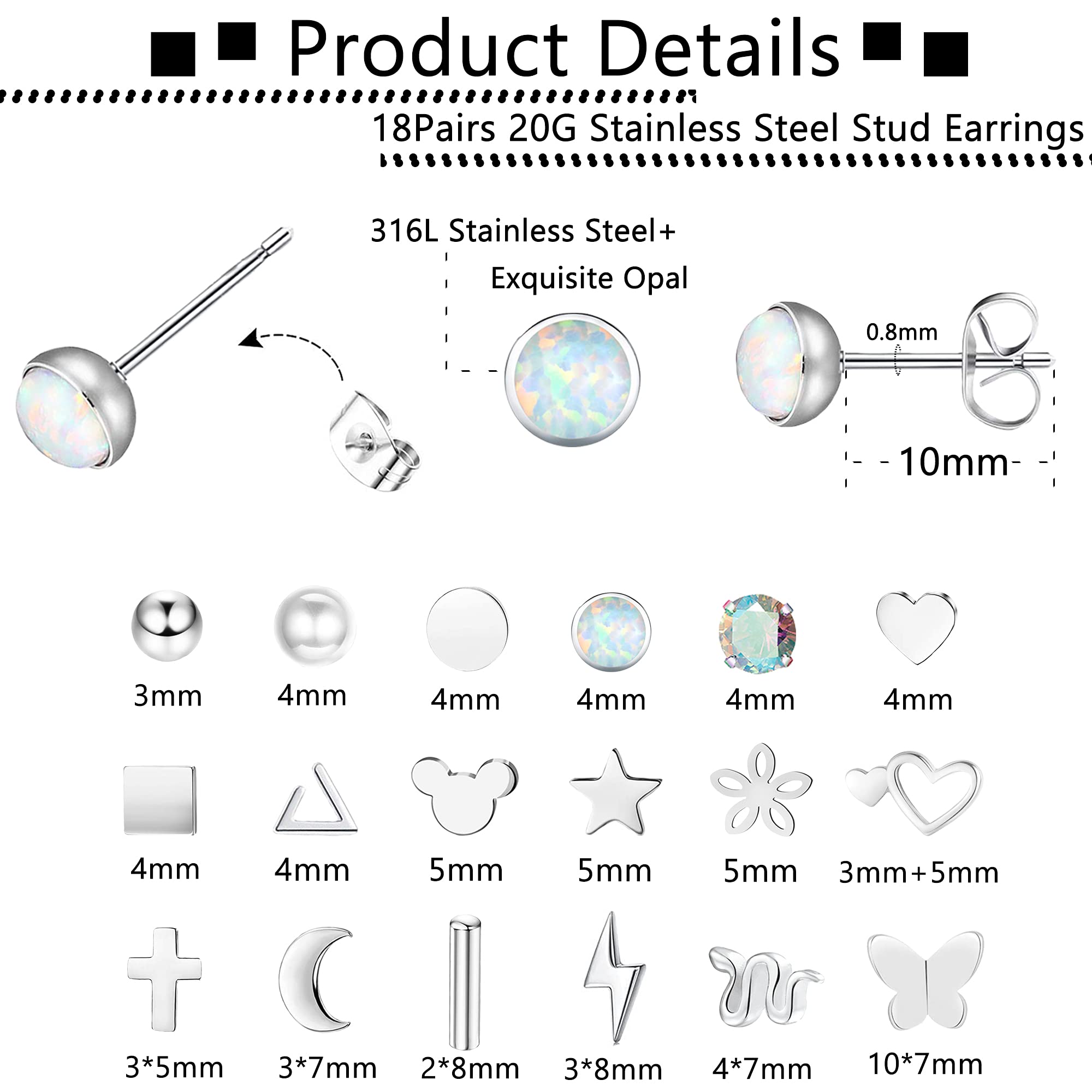 18 Pairs Stainless Steel Star Moon Stud Earrings for Women Cute Bar CZ Stud Earring Set (silver-tone)