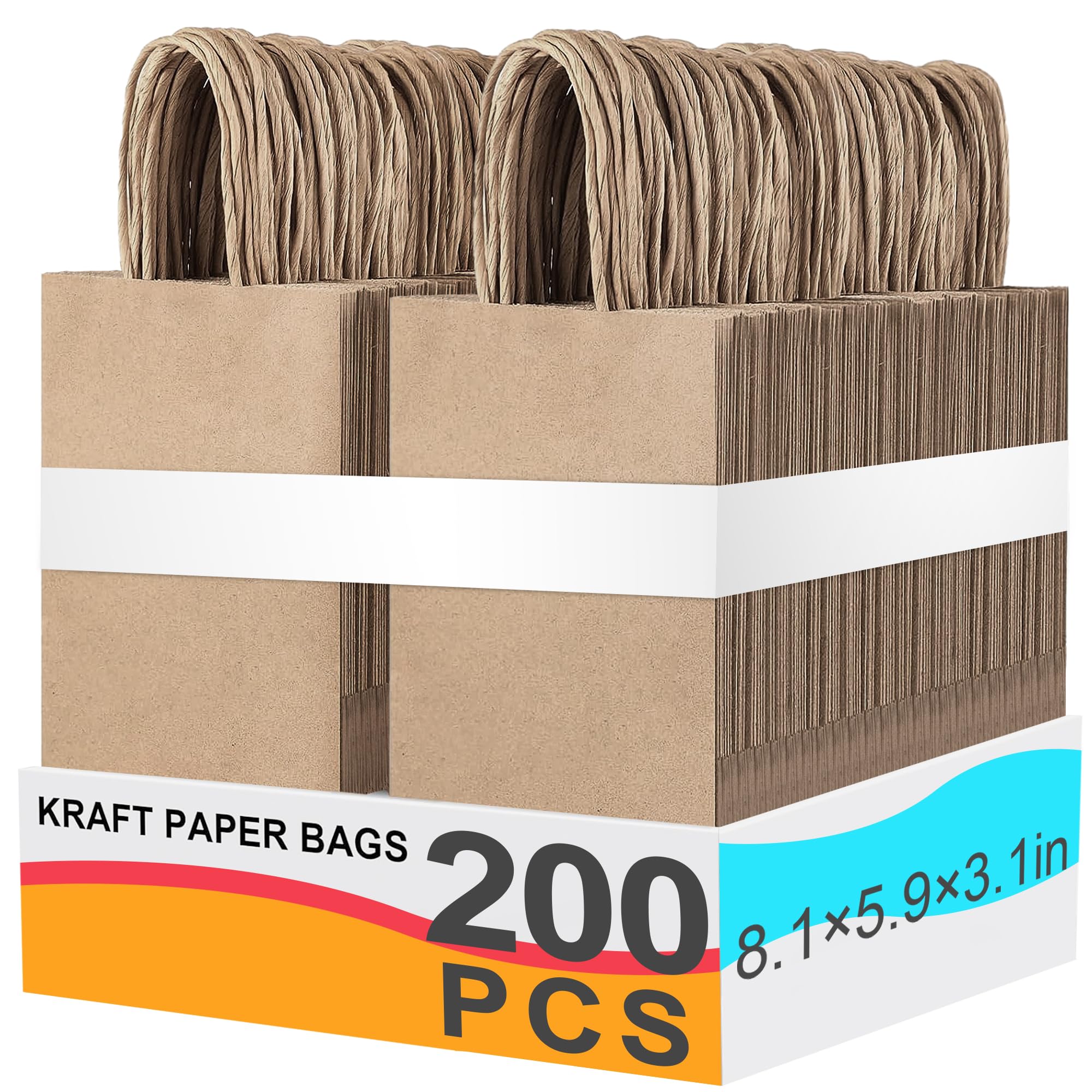 200Pack paper bags with handles,8.1x5.9x3.1 Inch,paper bags with handles bulk,gift bags bulk,brown gift bags,bolsas de papel para negocio,Paper Bags Bulk for Birthday Party Favors, Shopping, Retail