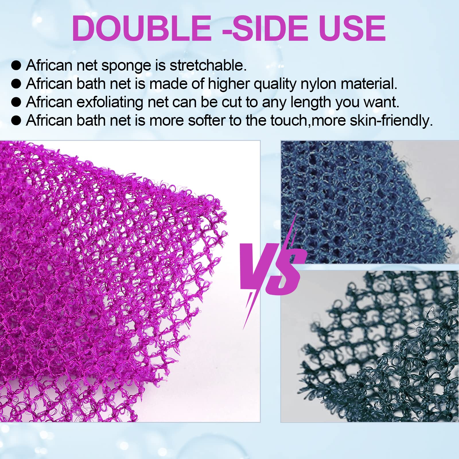 2 Pcs African Net Sponge,African Exfoliating Net,Long Exfoliating Bath Sponge,African Towel Exfoliating,Nylon Net,African Net Wash Cloths,Multipurpose net,Back Scrubber for Shower(Pink,Purple)