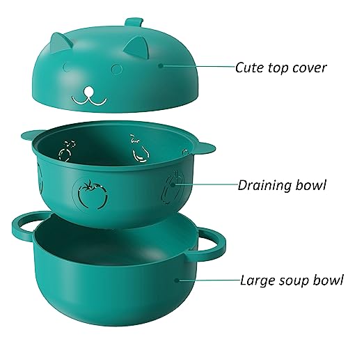 2000 ML / 68 OZ Microwave Ramen Bowl,Noodle Bowl, Steamer for Cooking Food and Vegetables with Handle, Lid, Removable Strainer. Multifunctional bowl for Cooking, Rinse, Storage (green)