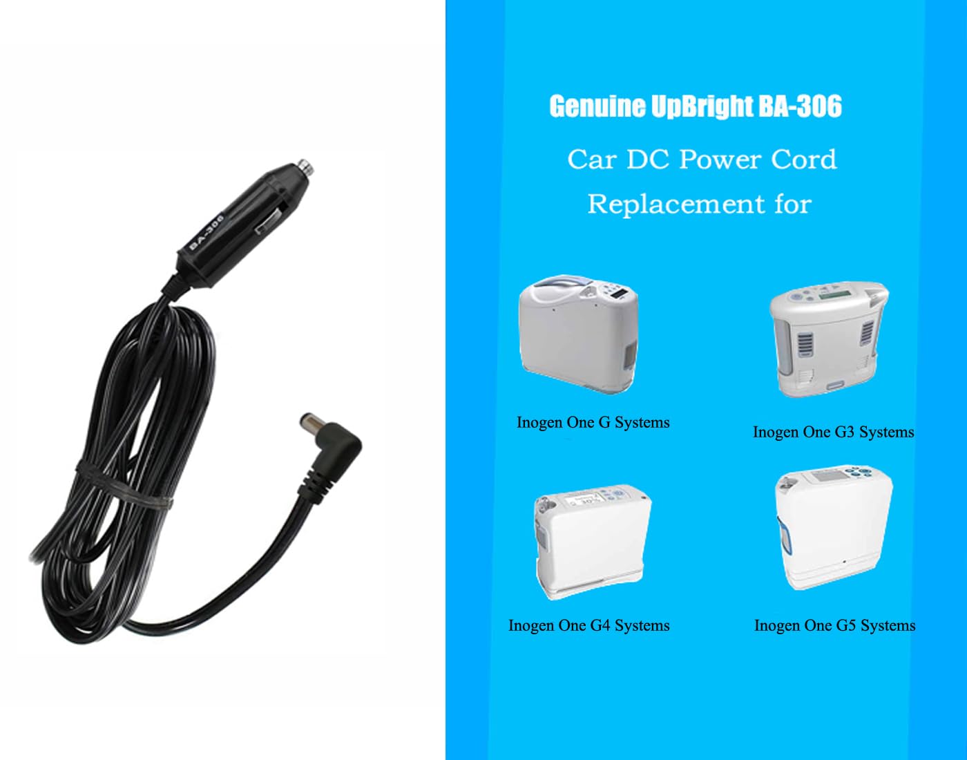 OEM BA-306 12V Car DC Adapter Power Cord Supply Compatible with Inogen One G3 G4 G5 Model IO-300 IO-400 1400-1000 1400-2000 BA-301 BA-503 BA306 Auto Vehicle Cigarette Lighter Plug Battery Charger