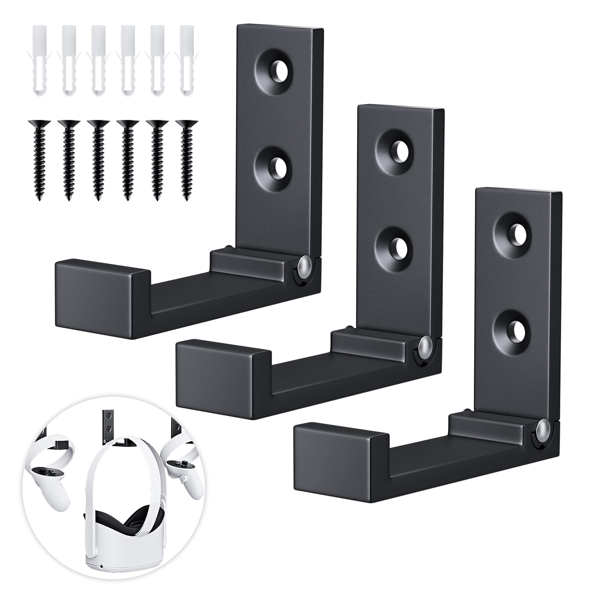 3 Pack - FUNDIARY Folding Wall Mount for Oculus Quest 2, VR Headset Wall Hooks for Meta Quest 2 Accessories, Stand Bracket Bundles with Screws, Wall Stand Hanger - Balck