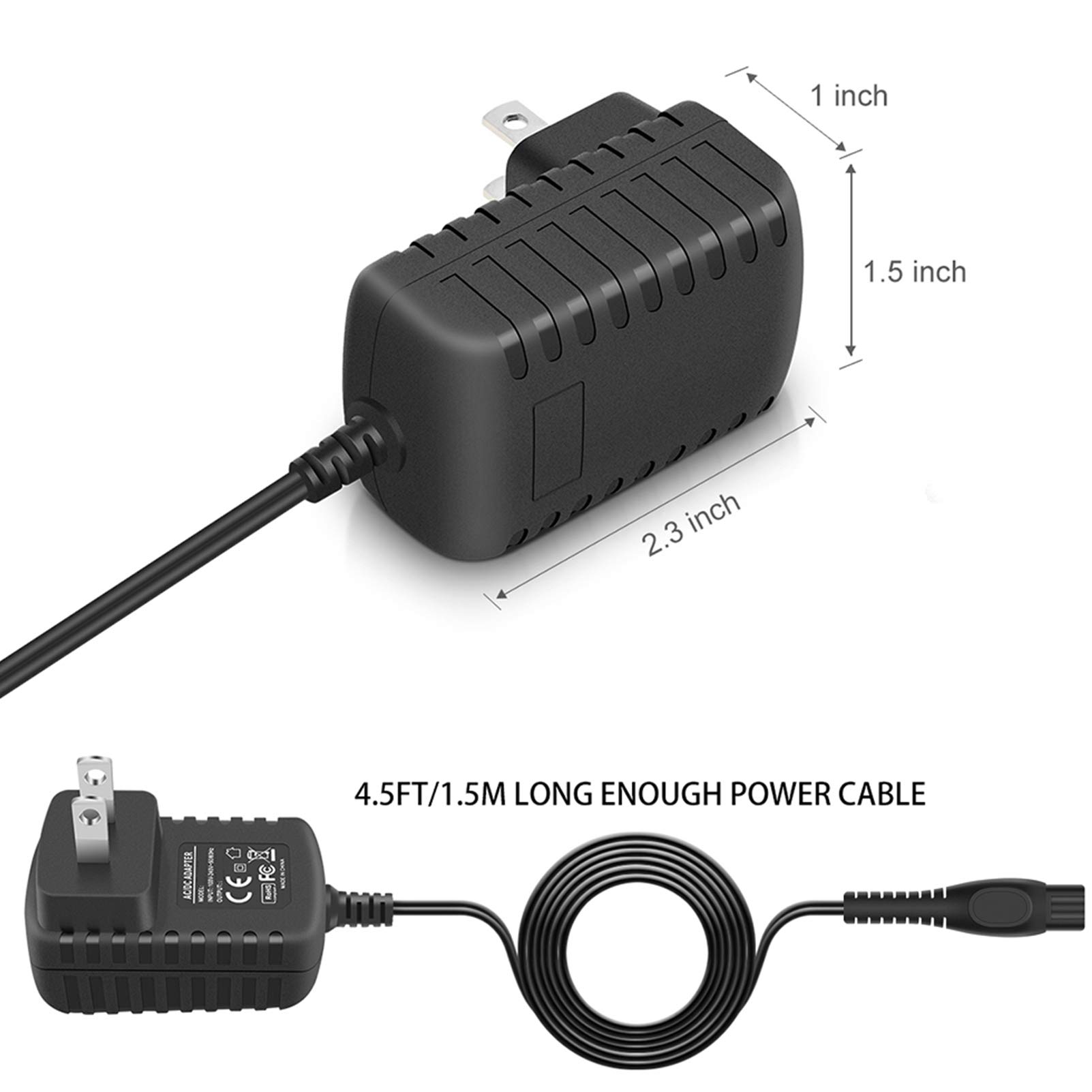 15V Power Cord for Philips HQ8505 Shaver Charger for Norelco 9000 7000 5000 4000 3000 Series AC Adapter for Arcitec Beard Trimmer Replacement Power Supply