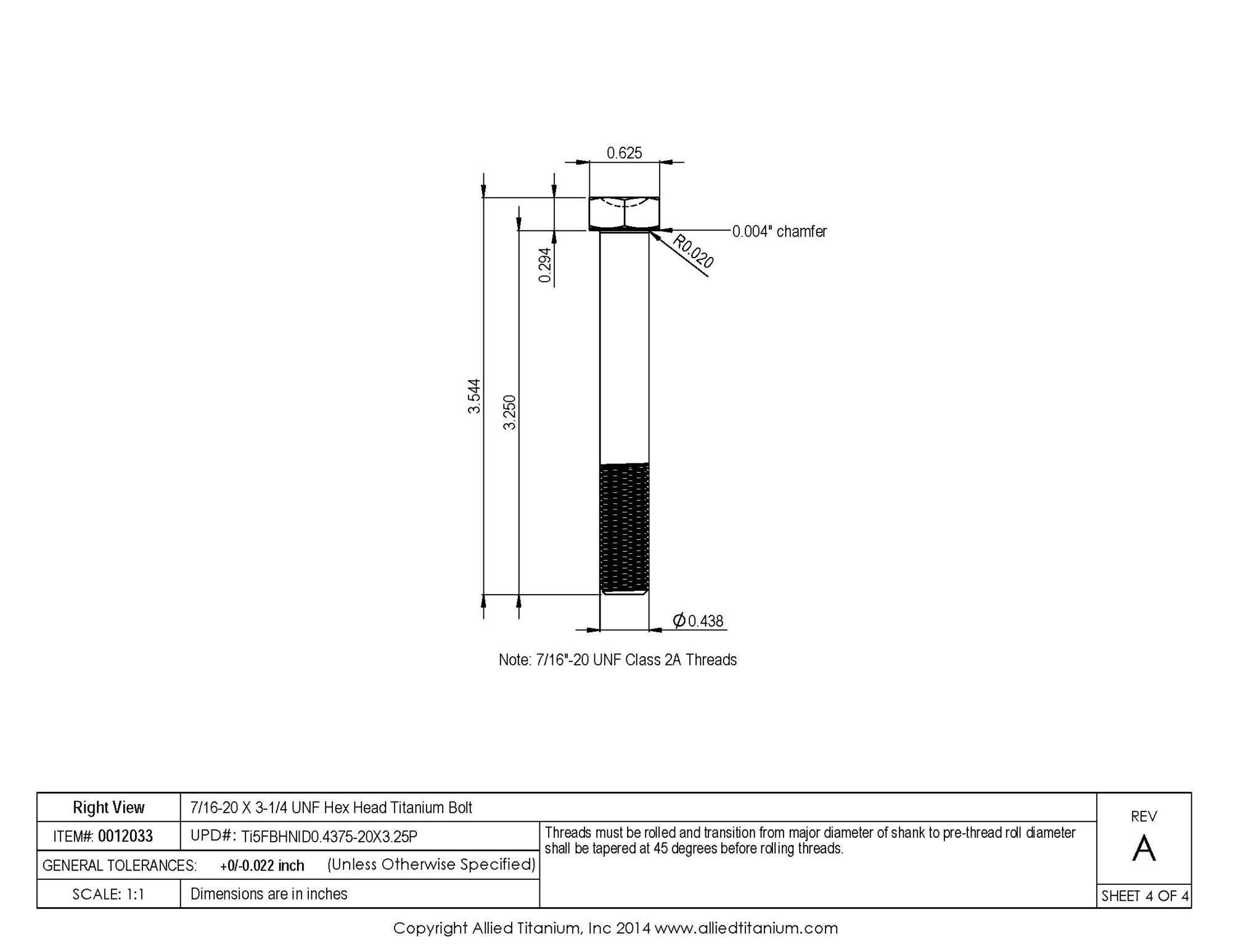 Allied Titanium 0012033, (Pack of 2) 7/16-20 X 3-1/4 UNF Titanium Hex Head Bolt, Grade 5 (Ti-6Al-4V)