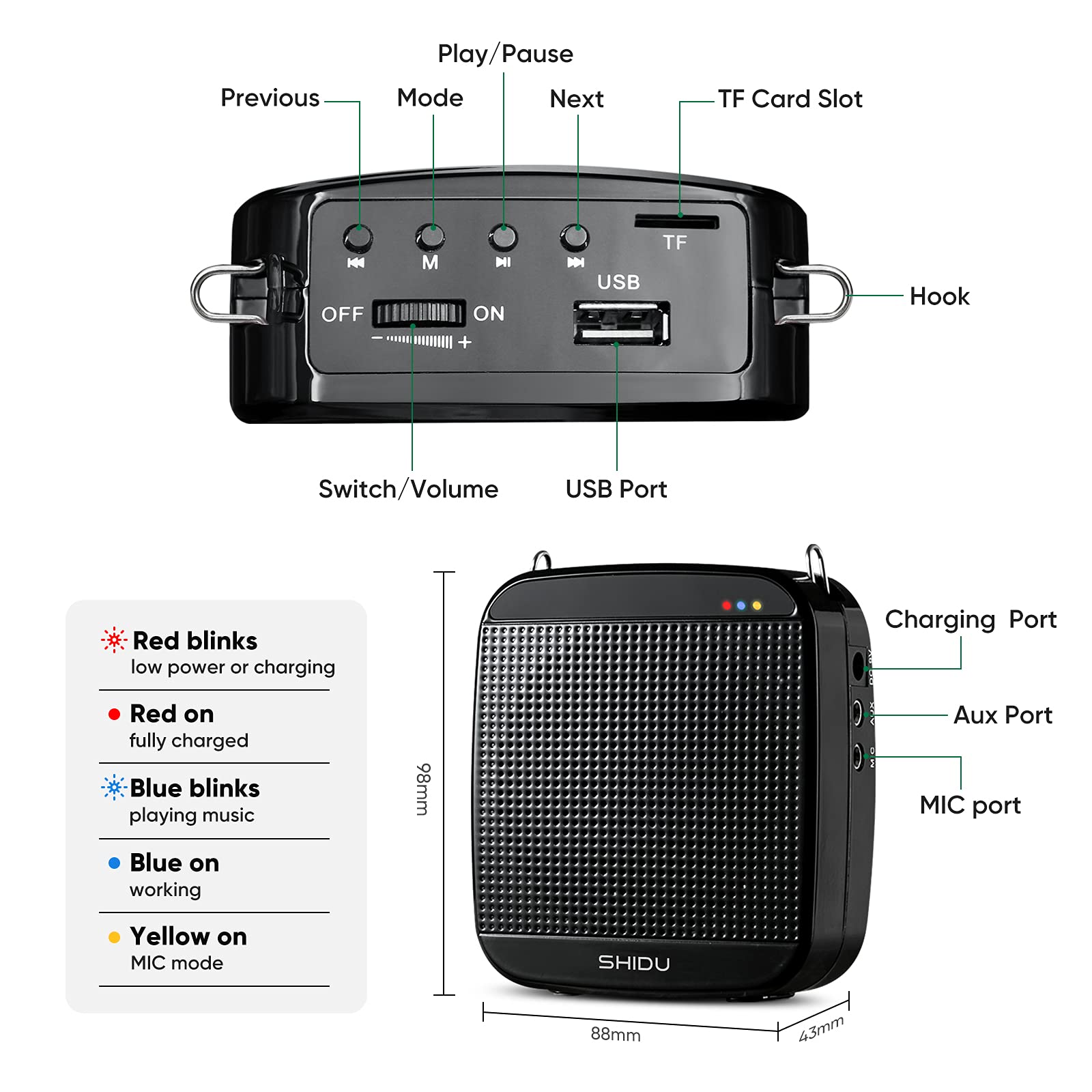 15W Portable Voice Amplifier, SHIDU PA System with Wired Microphone Headset(Working Time 18 Hours) Megaphone Support TF Card/AUX Personal Speaker for Teachers Tour Guides Coaches Yoga