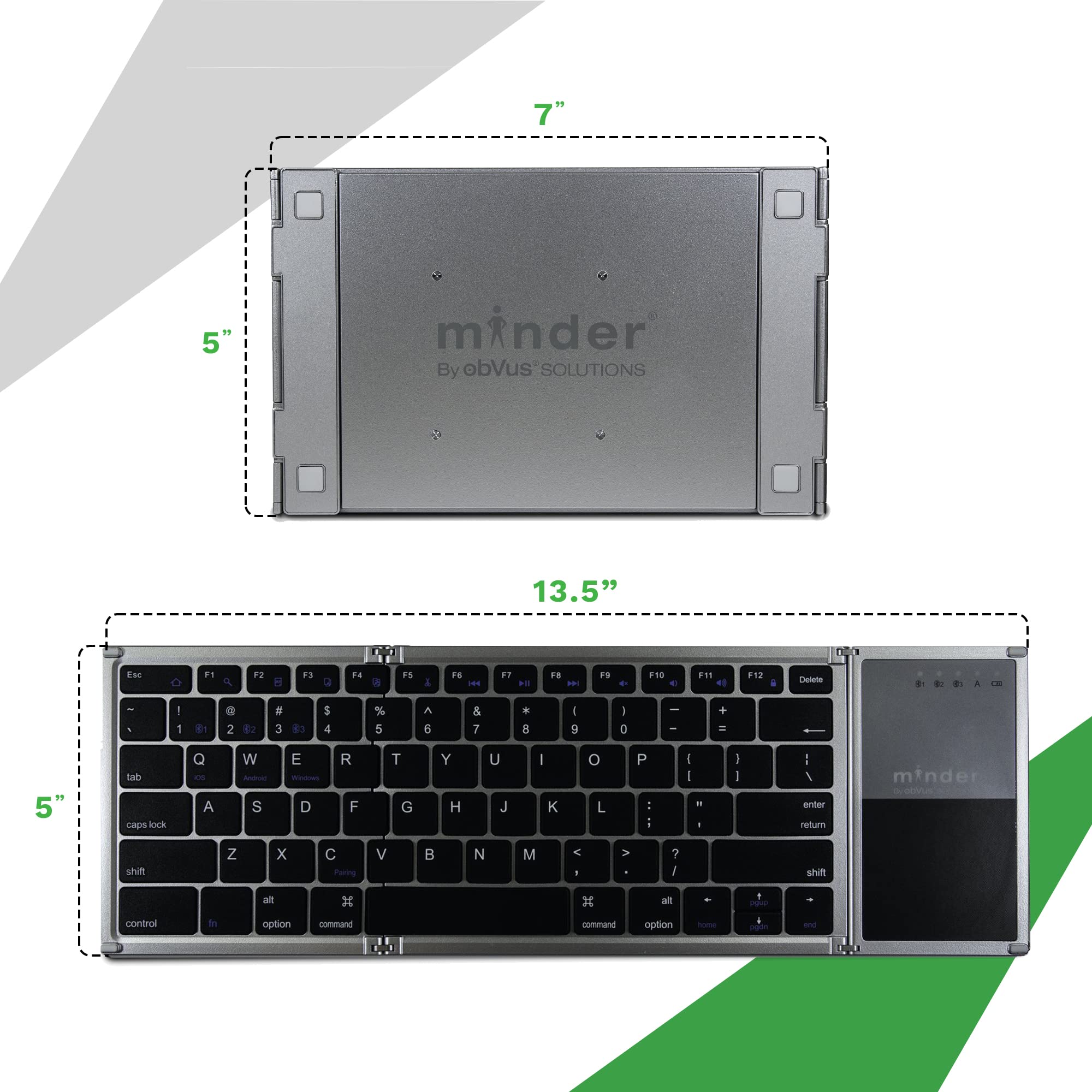 obVus Solutions - minder Foldable Keyboard Bluetooth with Trackpad – Wireless Portable Full-Size Travel Keyboard with Touchpad for Laptop, Tablets, and Phones