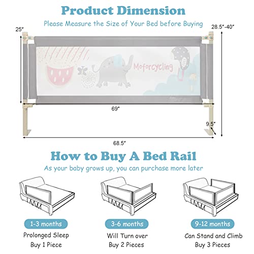 BABY JOY Bed Rail for Toddlers, 69ββ Extra Long, Height Adjustable & Foldable Baby Bed Rail Guard w/Breathable Mesh & Double Safety Child Lock for Kids Twin Double Full Size Queen King Mattress, Gray
