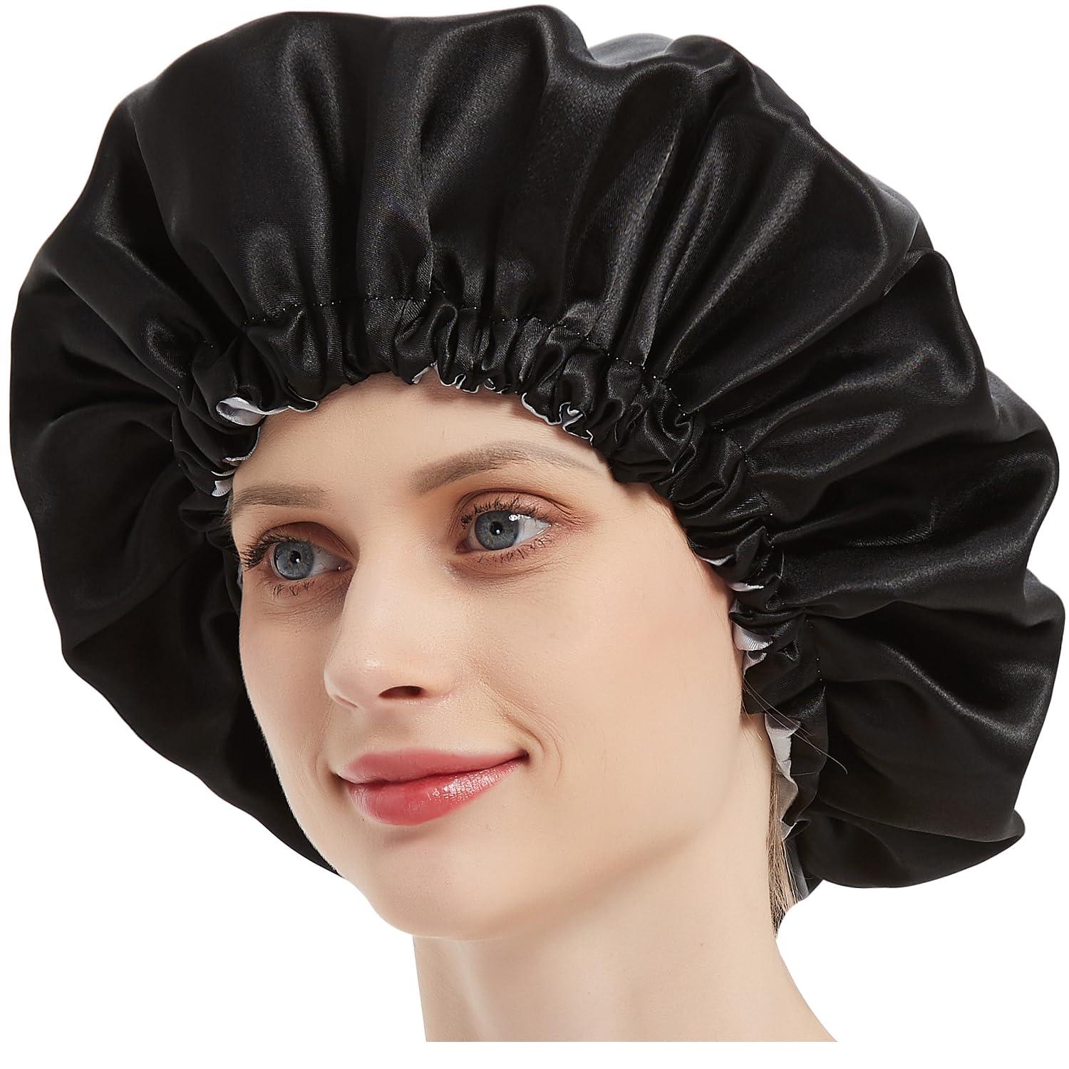 2 Pcs Silk Bonnet for Sleeping Satin Bonnet Double Layer Hair Bonnet for Curly Hair Comforable Hair Wrap Reversible Sleep Cap (Black+Leopard)
