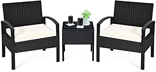 HAPPYGRILL 3pcs Patio Conversation Set Outdoor Wicker Furniture Set Rattan Table & Chairs Set with Seat Cushions, Modern Bistro Set with Coffee Table for Garden Balcony Backyard