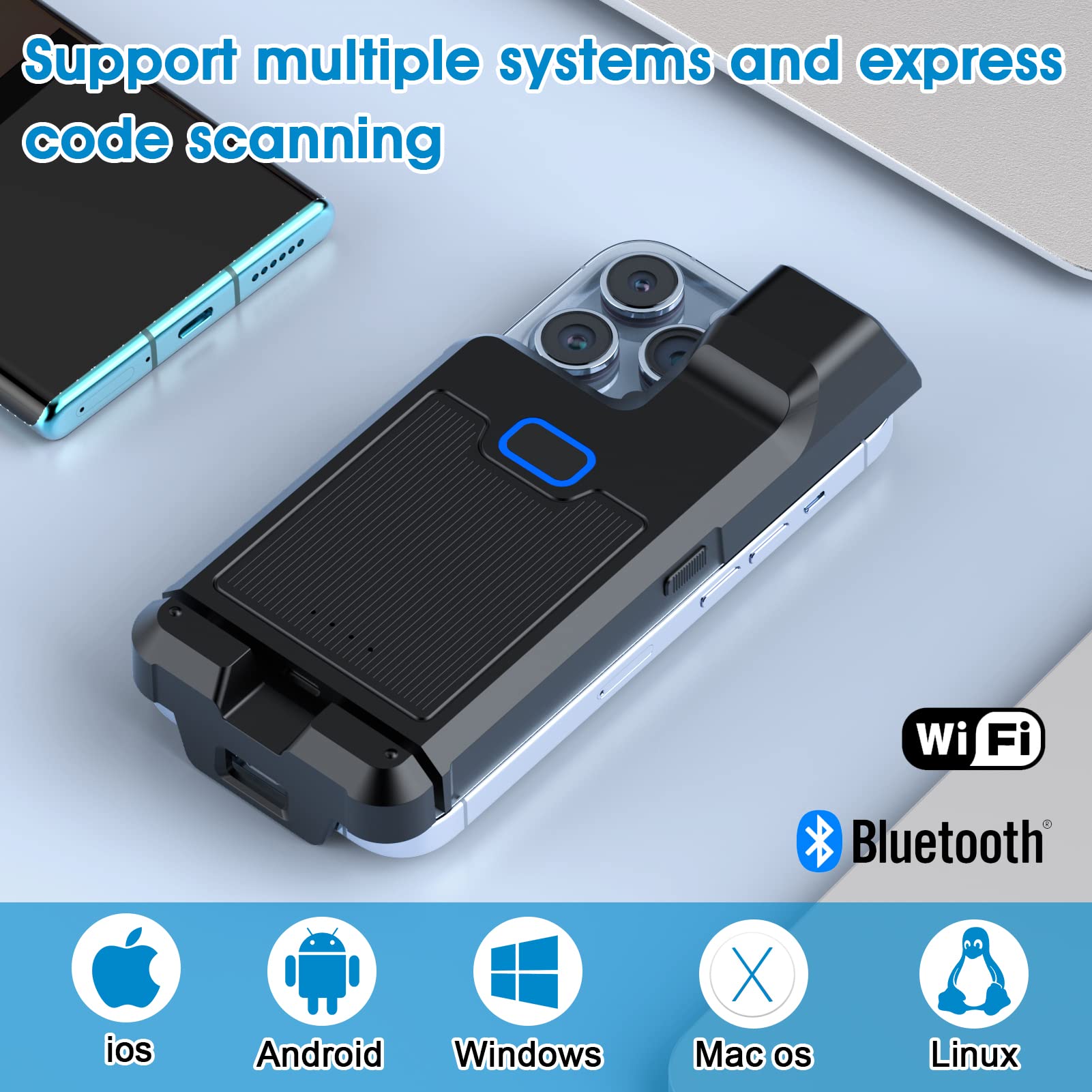 2D QR Bluetooth Barcode Scanner, Wireless Adjustable Back Clip Phone Bar Code Scanner for 1D 2D Data Matrix Code Reader, Work with iPhone, Android, iOS for Warehouse Library Book Inventory