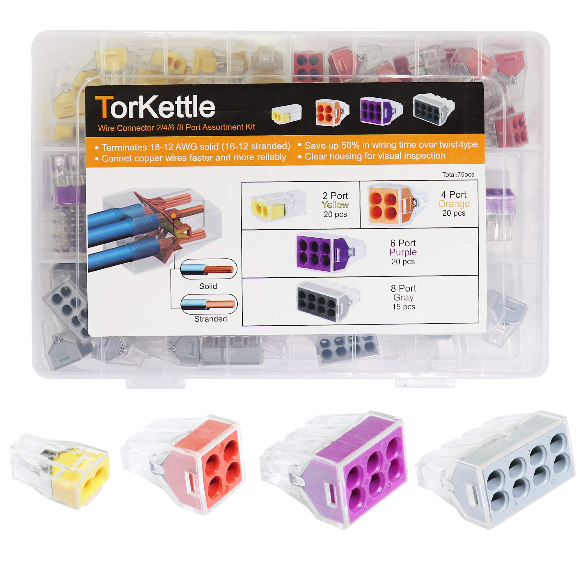 75PCS Wire Connector 2/4/6/8 Port Conductor Combination Assortment Pack for Junction Boxes