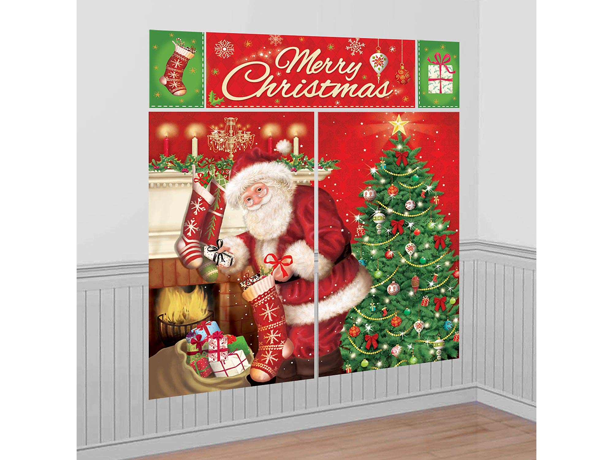 Amscan 670203 Merry Christmas Wall Vinyl Scene Setters Kit, 5 Ct. | Party Decoration 59" x 32 1/2"