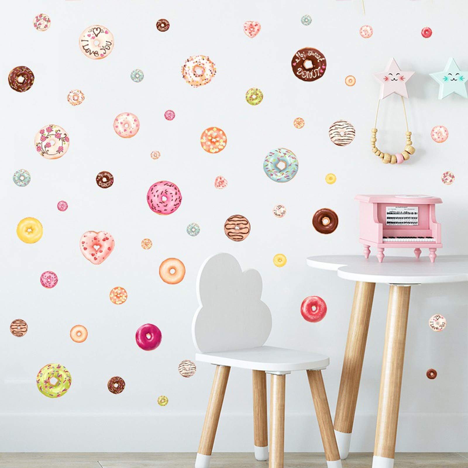 Maydahui 4 Sheet (48 Counts) Donuts Wall Decal Dessert Wall Stickers 11 inch Kawaii Food Decor Nursery Christmas Home Decorations