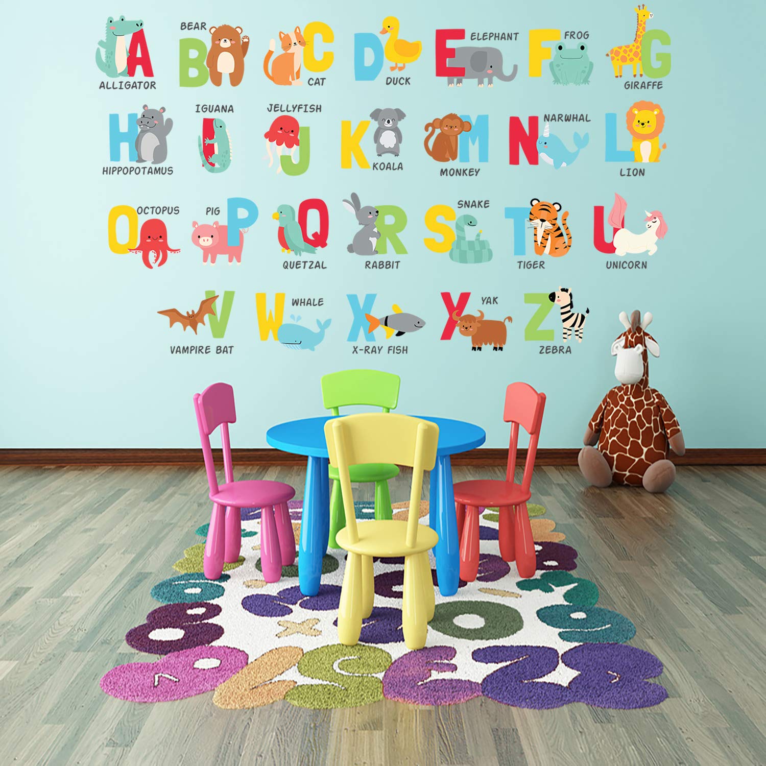 Mienno Alphabet Wall Decals, Animal Alphabet Wall Stickers for Kids Room, Nursery Room, Classroom, Removable Vinyl Animal Alphabet Stickers Decals