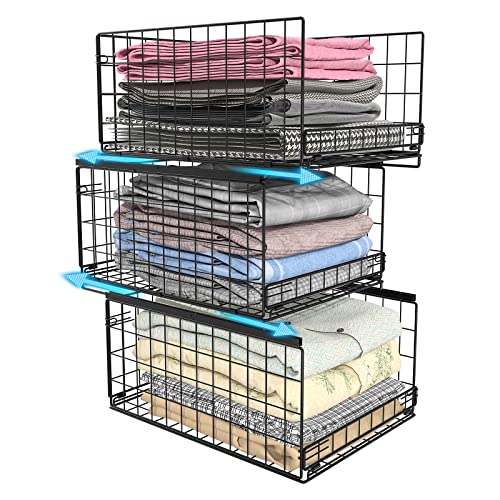 3-tier Sliding Closet Organizers and Drawer Storage Shelves, Stackable Storage Bins for Jean Pants Sweaters, Metal Drawer Shelf Clothes Storage Container, Wardrobe Cupboard Organizer for Folded Clothe