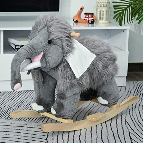 Qaba Kids Ride-On Rocking Horse Toy Mammoth Style Rocker with Fun Music & Soft Plush Fabric for Children 18-36 Months