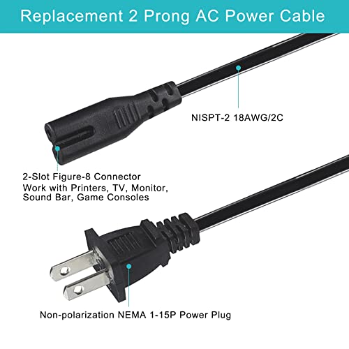 2FT Replacement 2 Prong AC Power Cable - 18 AWG 2 Slot Non-Polarization Figure 8 Power Cord Compatible with Xbox Series X/S, Xbox One S/ X PS4 PS3 PS2 Slim Game Console, for Sony Playstation /PSP/PSV