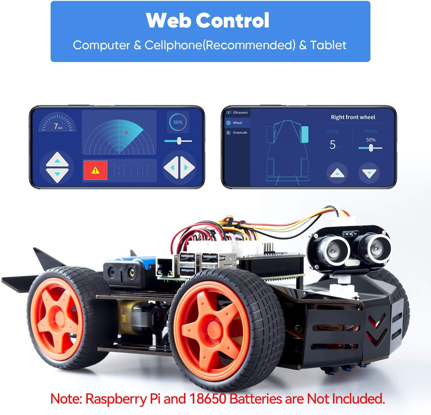SunFounder Robot Car Kit for Raspberry Pi, 4WD HAT Module, Ultrasonic Sensor, Velocity Measurement Module etc. Electronic DIY Robot Kit for Teens and Adults, Raspberry Pi/TF Card/Battery not Included