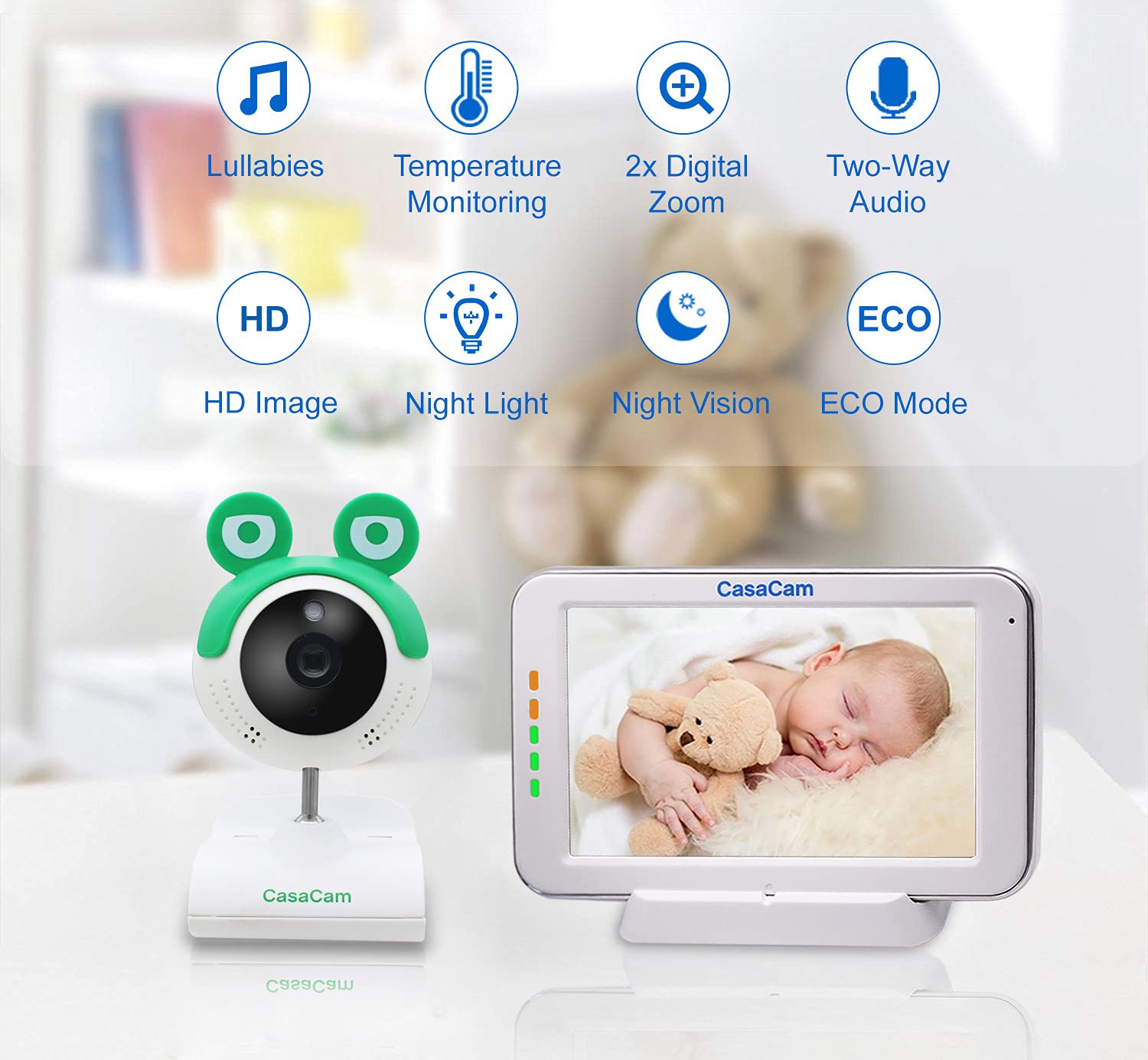 CasaCam BM240 Video Baby Monitor with 5" Touchscreen and HD Clip Camera, Two Way Audio, Lullabies, Nightlight, Automatic Night Vision and Temperature Monitoring Capability