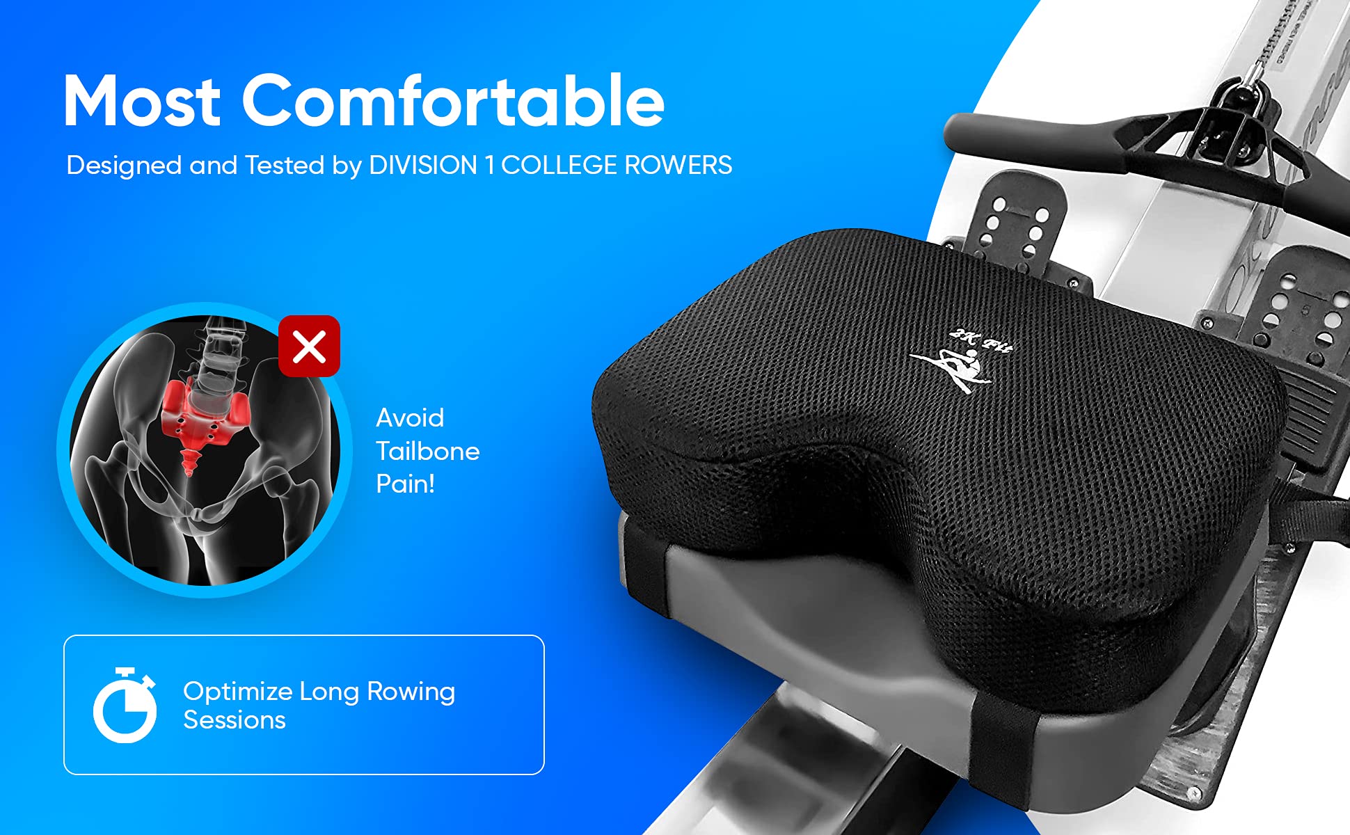 2K Fit Rowing Machine Seat Cushion (Model 2) for The Concept 2 Rowing Machine with Custom Memory Foam, Washable Cover, and Straps- Concept 2 Rower, Recumbent Stationary Bike, WatterRower Seat Pad