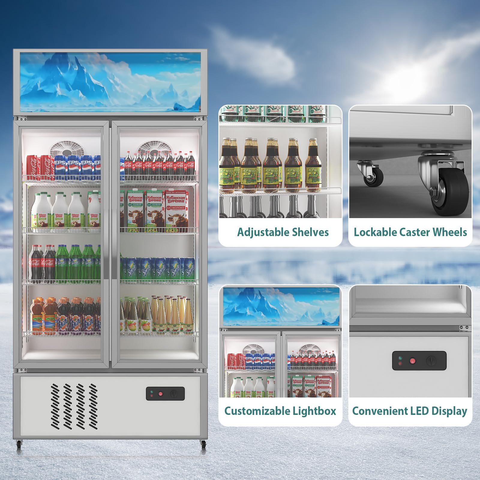 18 Cu. Ft. Commercial Refrigerators Glass Door, Commercial Beverage Fridge, Commercial Merchandiser Refrigerator for Beer, Bar, Drink, Display Upright Beverage Refrigerator Cooler, Silver 