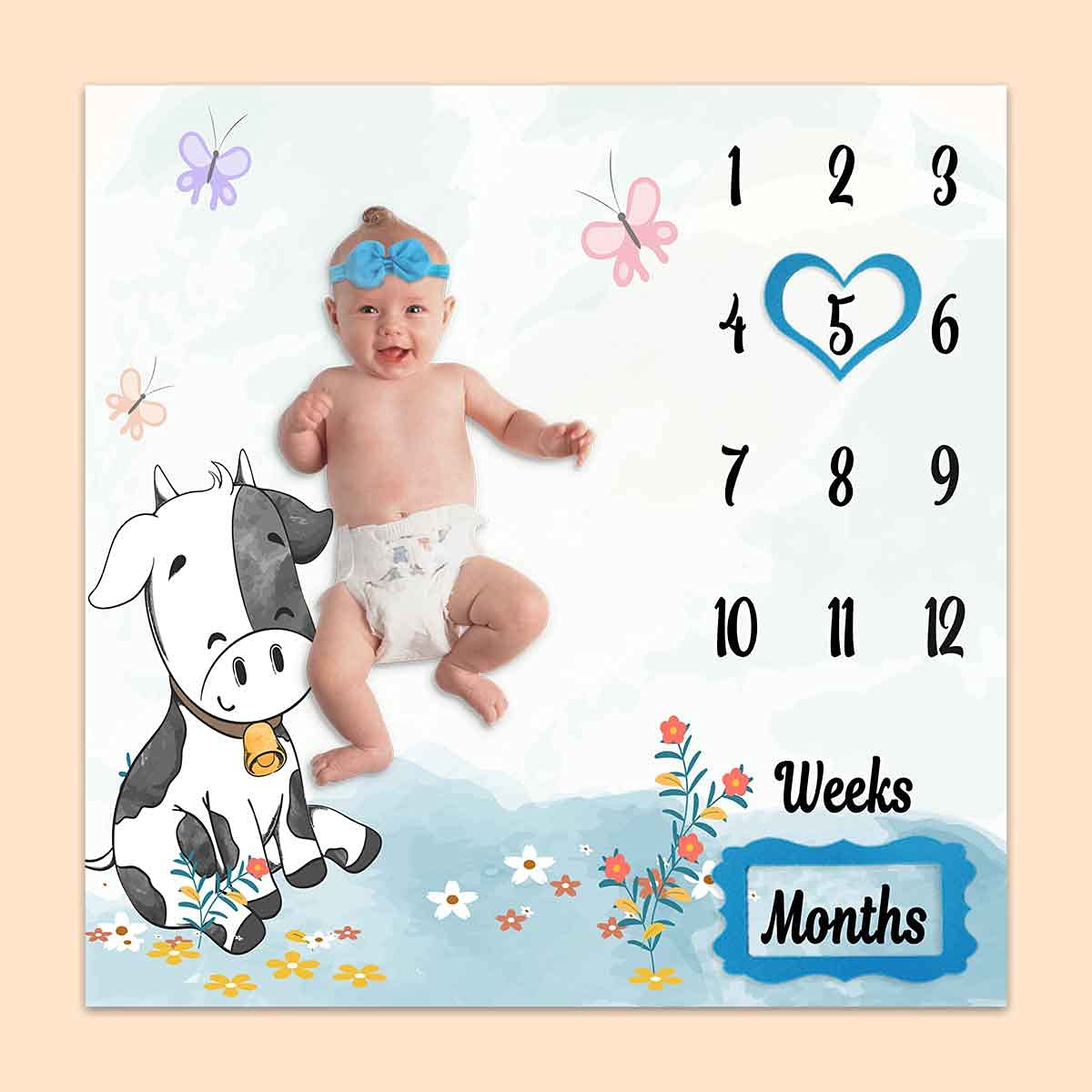 PHMOJEN Cow Baby Monthly Milestone Blanket, Farm Animals Butterflies Grass Flowers, Newborns 1 to 12 Months Unisex Include 4 Frames and 1 Headband 47"x47"BTLSPH503