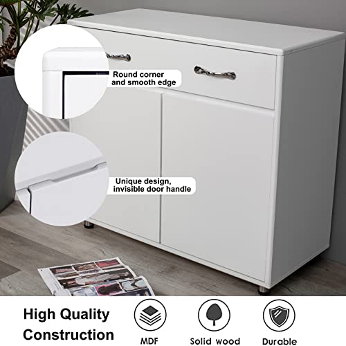 Henf White Storage Cabinet with Two Doors and 1 Big Storage Drawer Side Table Kitchen Storage Sideboard 2 Tire Pantry Cabinet for Living Room Bathroom Laundry Room Furniture