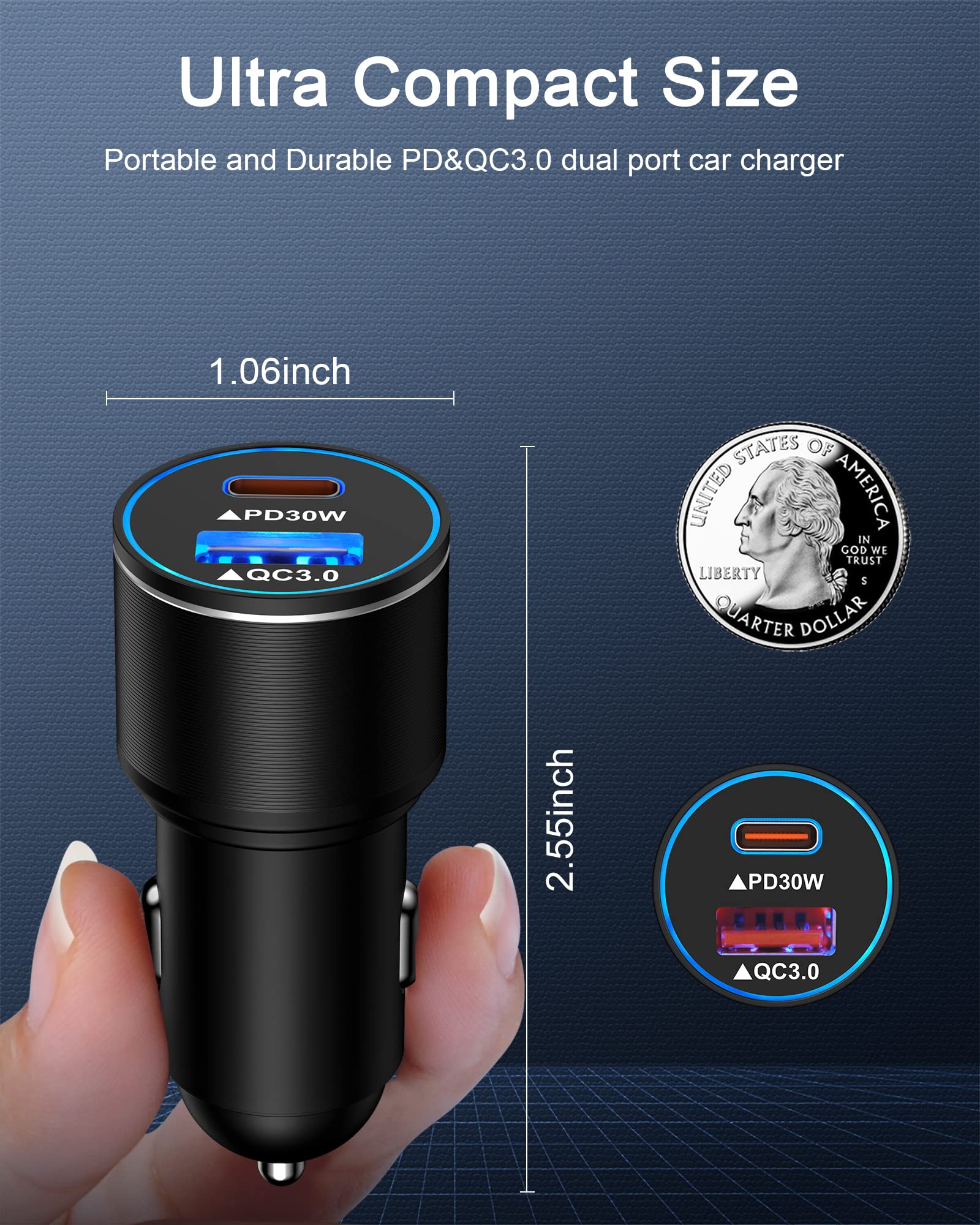 12 Volt USB Outlet, 30w+18w Dual Port USB C Car Charger, Super Fast Charging Cigarette Lighter Adapter Usbc Cargador Carro Auto Plug Phone Car Charger for Android Samsung Galaxy, Google, Apple iPhone