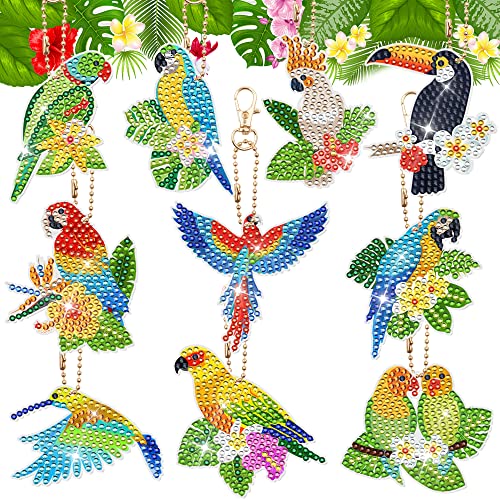 Augisteen 10 PCS Tropical Birds Diamond Painting Keychains Hawaiian Parrots Diamond Art Key Rings Luau Party Hanging Pendants Double Sided 5D Diamond Ornaments for DIY Crafts Summer Party Supplies