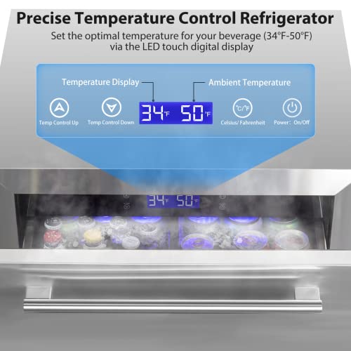 24 Inch Indoor Under Counter Drawer Fridge Stainless Steel Undercounter Refrigerator Freestanding Outdoor Fridge for Home Built-in Commercial Beverage Refrigerator with Dispenser and Digital Display