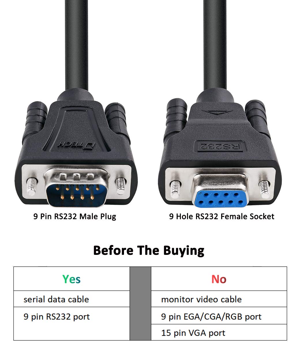 DTech DB9 RS232 Serial Cable Male to Female Null Modem Cord Full Handshaking 7 Wire Crossover for Data Communication (15 Feet, Black)